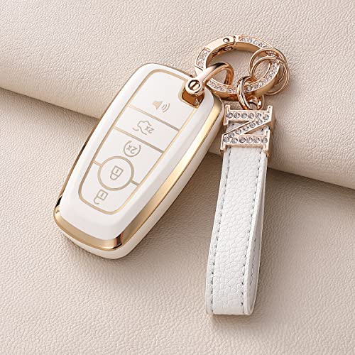 5 Button Ford Key Fob Cover with Keychain Soft TPU Full Protection Car Key Case for Edge Expedition Explorer Bronco Escape Mustang F150 Fusion Ranger Key Case Shell Remote Control,White