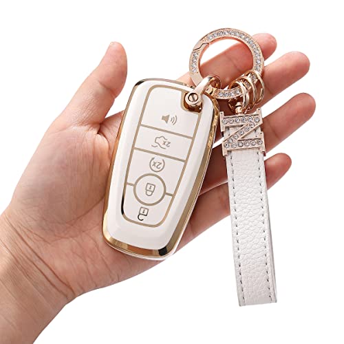5 Button Ford Key Fob Cover with Keychain Soft TPU Full Protection Car Key Case for Edge Expedition Explorer Bronco Escape Mustang F150 Fusion Ranger Key Case Shell Remote Control,White