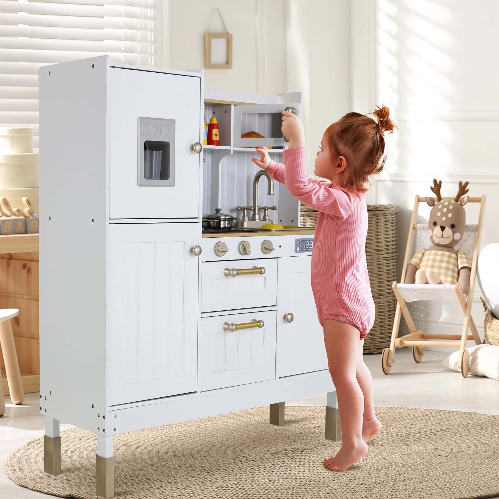 Clevich Play Kitchen, Wooden Kids Kitchen Playset, Pretend Chef Cooking Toy Set w/Realistic Lights & Sounds, Ice Maker, Telephone, Kitchen Accessories, Height Adjustable for Boys Girls Age 3+