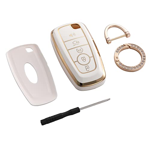 5 Button Ford Key Fob Cover with Keychain Soft TPU Full Protection Car Key Case for Edge Expedition Explorer Bronco Escape Mustang F150 Fusion Ranger Key Case Shell Remote Control,White
