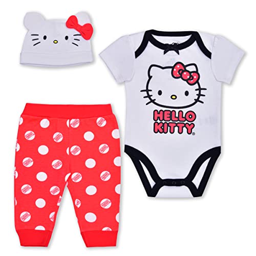 Hello Kitty Baby Girls 2 Piece Red Polka Dot Print Creeper, Pants, and Hat with Ears 3 Piece Set for Newborn and Infants