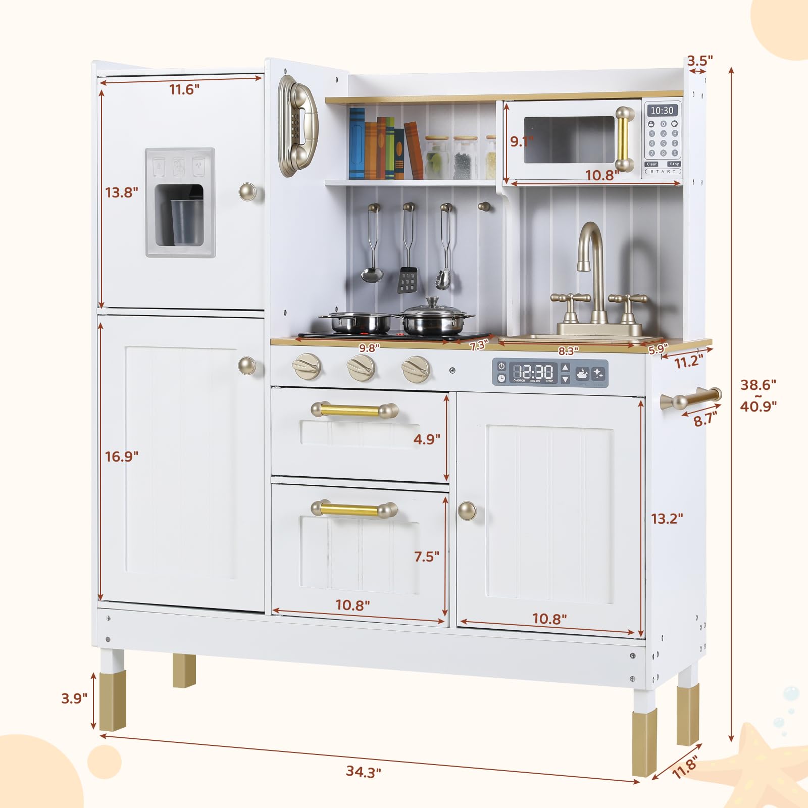 Clevich Play Kitchen, Wooden Kids Kitchen Playset, Pretend Chef Cooking Toy Set w/Realistic Lights & Sounds, Ice Maker, Telephone, Kitchen Accessories, Height Adjustable for Boys Girls Age 3+