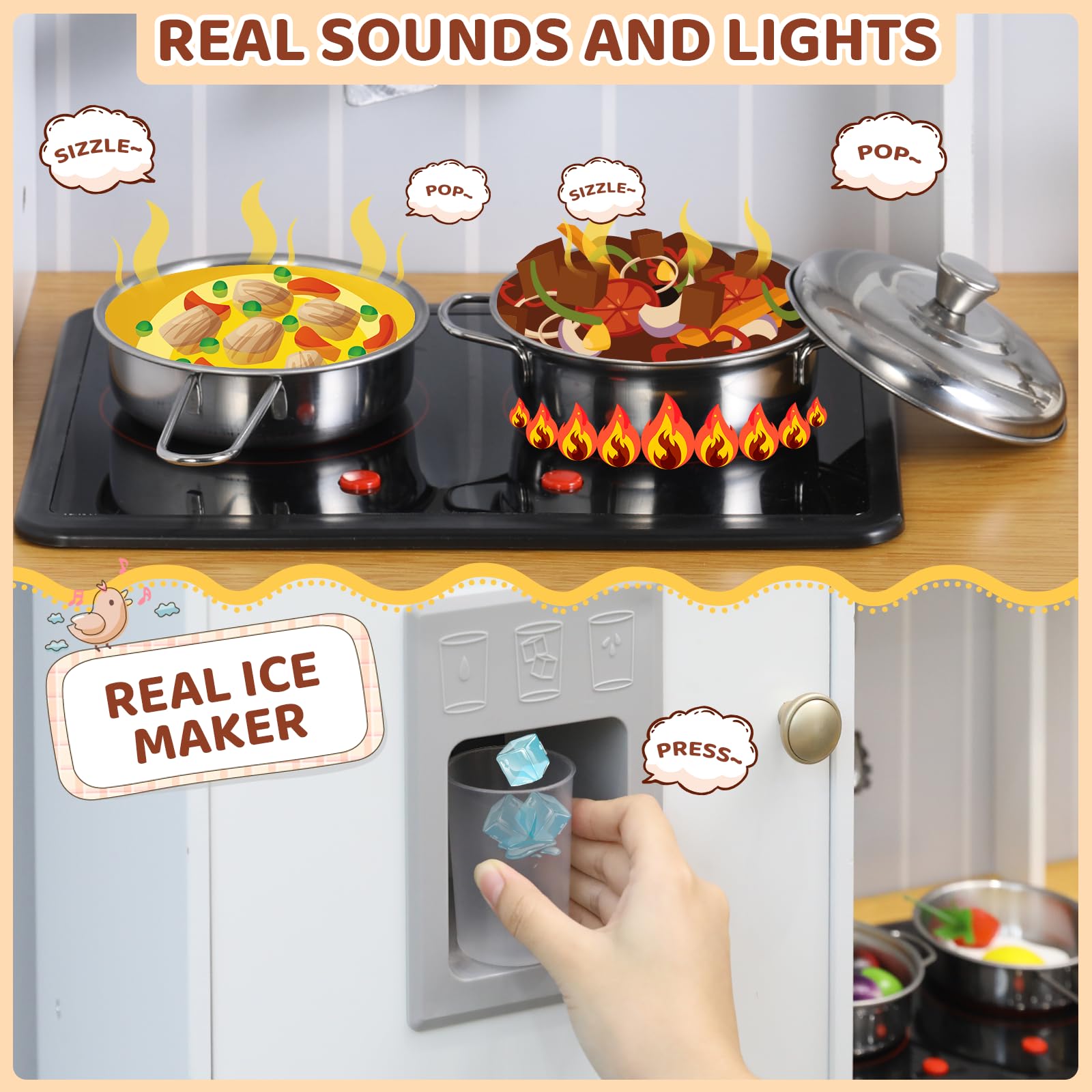 Clevich Play Kitchen, Wooden Kids Kitchen Playset, Pretend Chef Cooking Toy Set w/Realistic Lights & Sounds, Ice Maker, Telephone, Kitchen Accessories, Height Adjustable for Boys Girls Age 3+