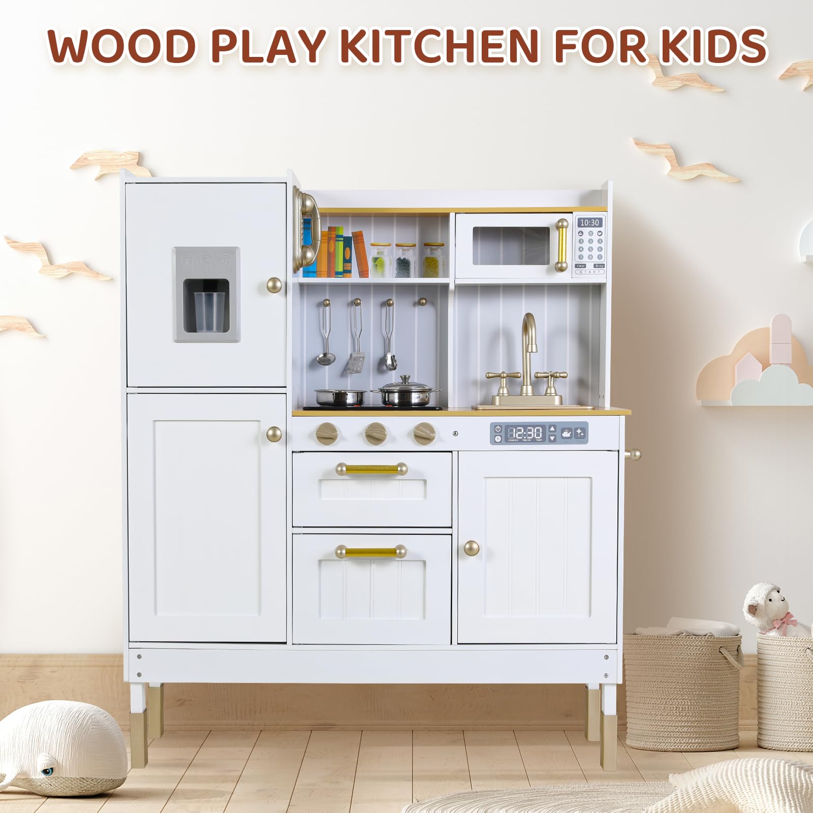 Clevich Play Kitchen, Wooden Kids Kitchen Playset, Pretend Chef Cooking Toy Set w/Realistic Lights & Sounds, Ice Maker, Telephone, Kitchen Accessories, Height Adjustable for Boys Girls Age 3+