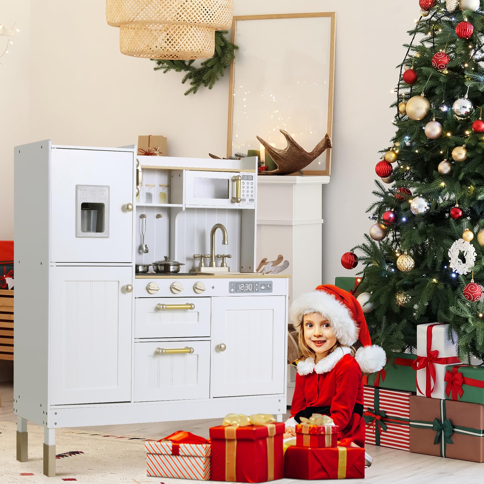 Clevich Play Kitchen, Wooden Kids Kitchen Playset, Pretend Chef Cooking Toy Set w/Realistic Lights & Sounds, Ice Maker, Telephone, Kitchen Accessories, Height Adjustable for Boys Girls Age 3+