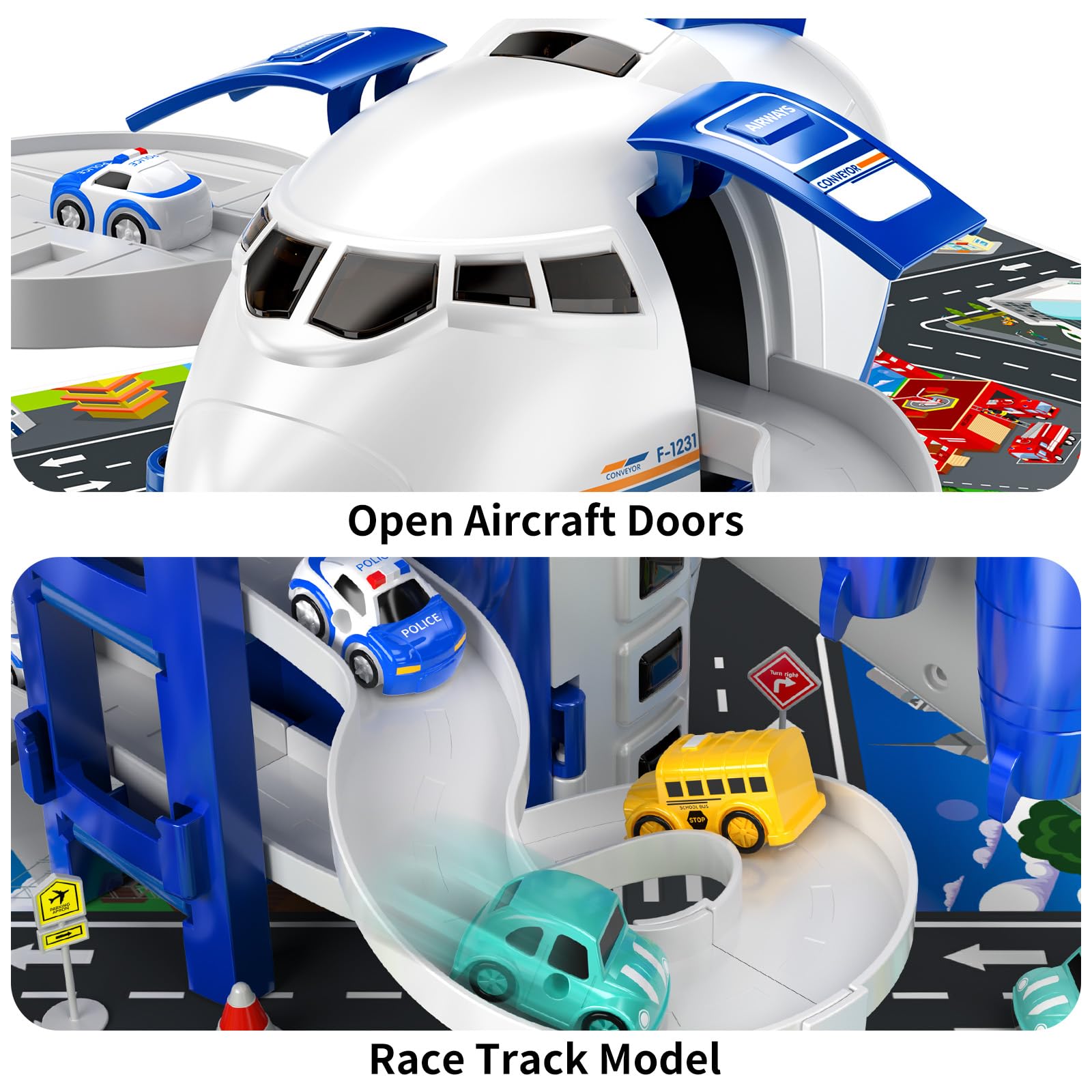 TEMI Kids Airplane Toys Race Tracks Car Toys for 3 4 5 6 7 Boys - Transport Airplane Adventures Car Toys for Toddler Age 2-6 with 8 City Cars, Garage Parking Lot Playmat, Birthday Gifts for Girls