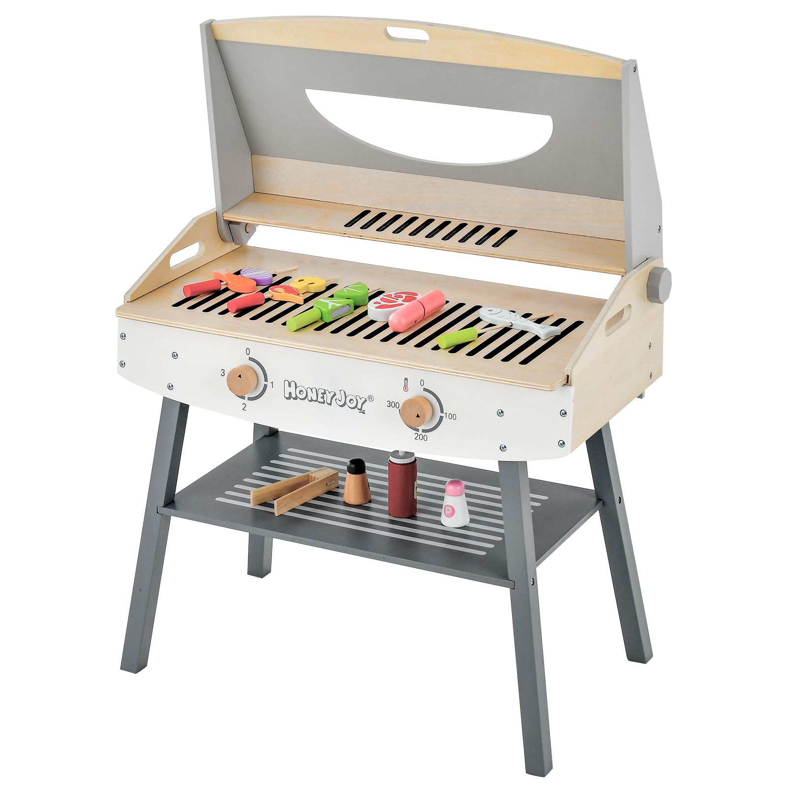 HONEY JOY Kids Pretend Barbecue Grill Playset, Wooden BBQ Toy Set w/ 17 Play Food& Cooking Accessories, 4 Solid Wood Legs, Interactive Kids Kitchen Playset Gift for Toddler Boys & Girls Age 3+