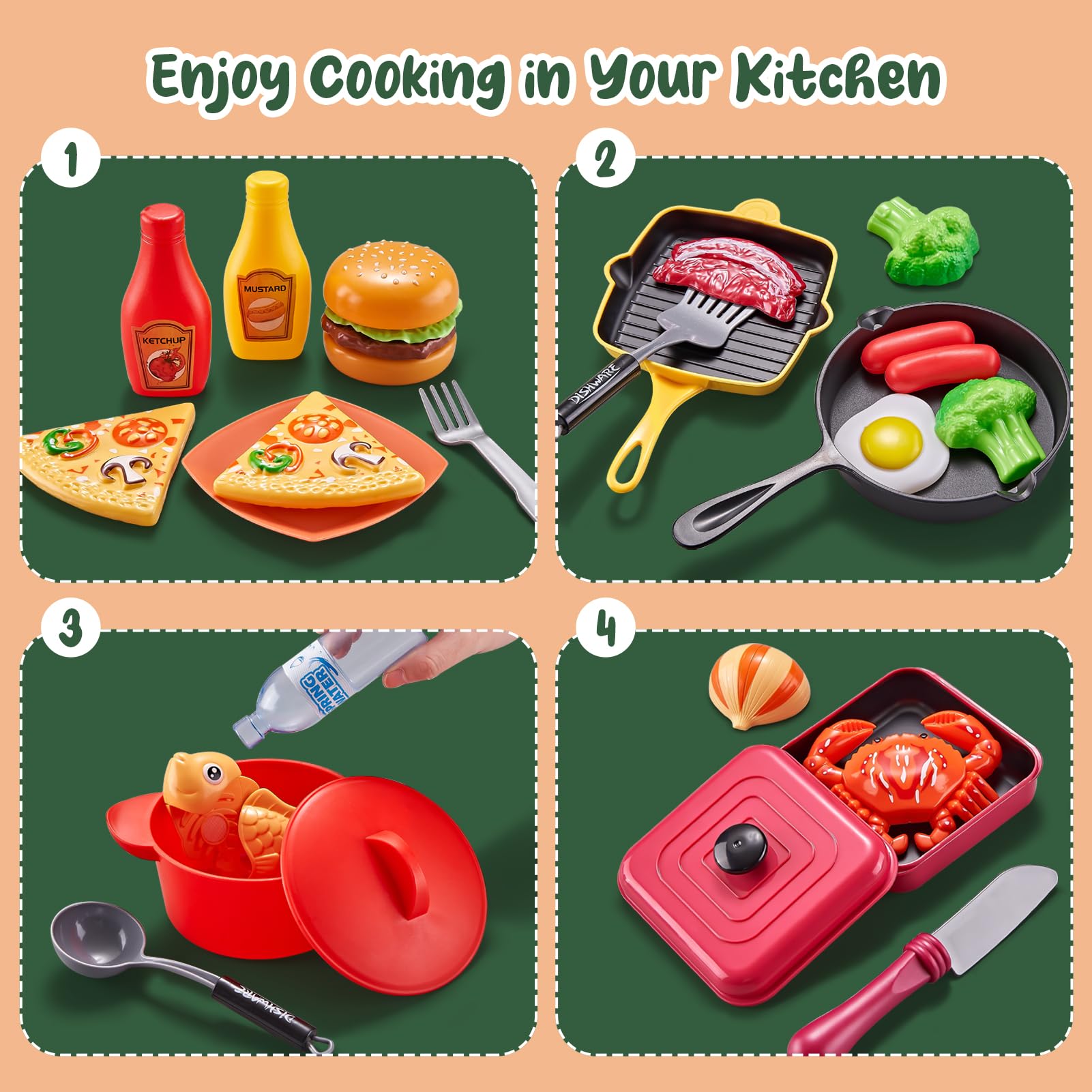 Play Kitchen Accessories 48Pc Kids Kitchen Playset with Kids Pots & Pans Playset, Pretend Play Food, Cooking Toys & Utensils