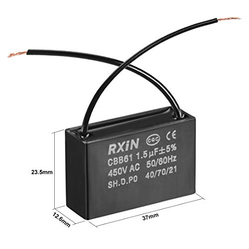 uxcell Ceiling Fan Capacitor CBB61 1.5uF 450V AC 2 Wires Metalized Polypropylene Film Capacitors 37x23.5x12.6mm for Water Pump Motor Generator, Pack of 5