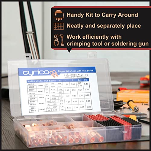 150pcs Battery Cable Ends, Copper Wire Lugs Assortment Kit AWG 2 4 6 8 10 Gauge - 70Pcs Battery Cable Lugs Ring Wire Terminal Connectors and 80Pcs Heat Shrink Tubing Kit for Marine Electrical Supplies