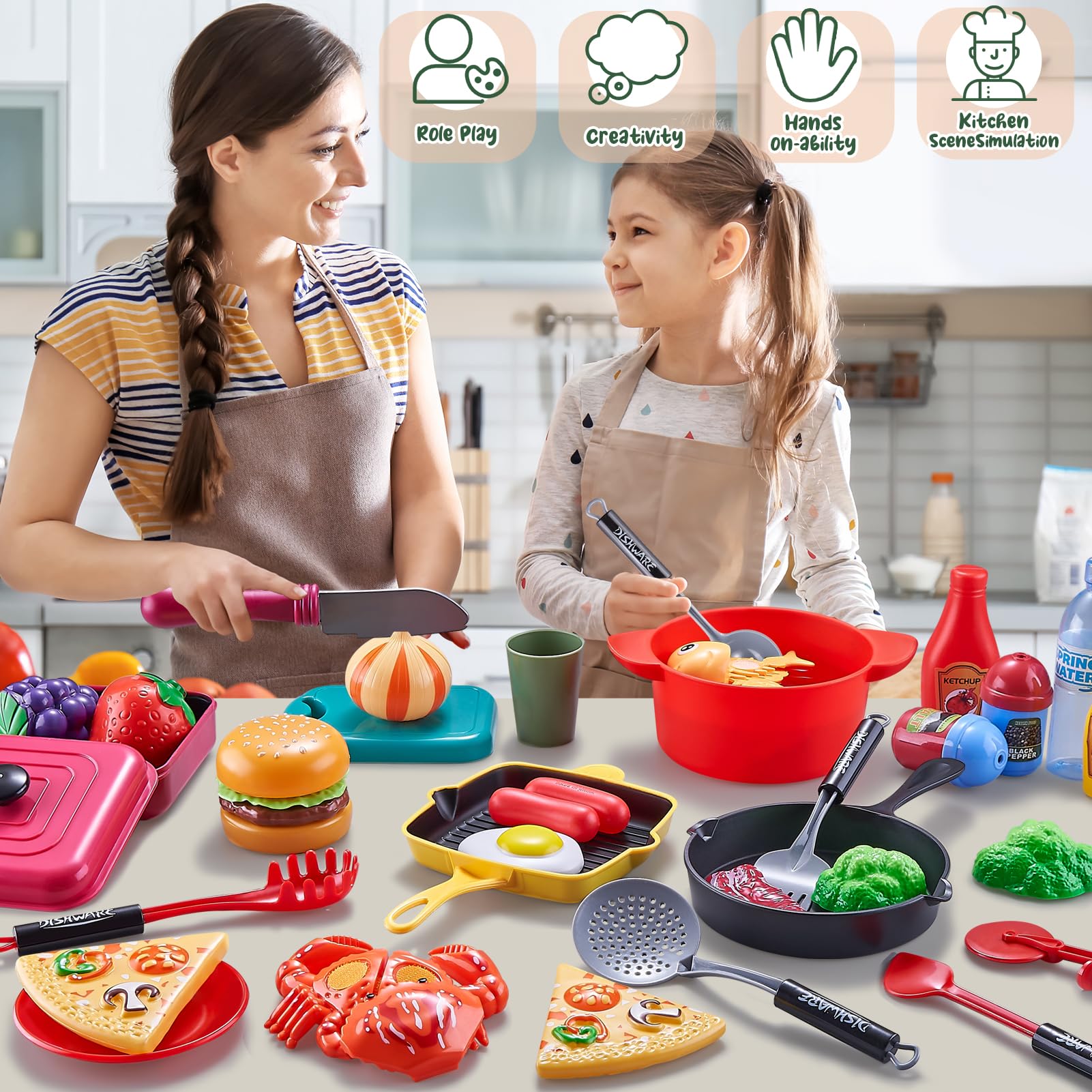 Play Kitchen Accessories 48Pc Kids Kitchen Playset with Kids Pots & Pans Playset, Pretend Play Food, Cooking Toys & Utensils