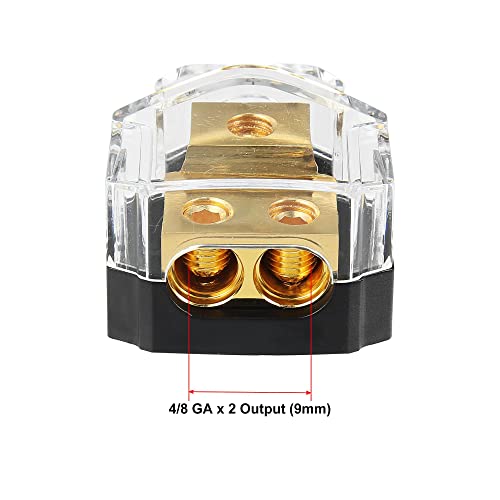 X AUTOHAUX 1pcs 0/2/4 Gauge in 4/8 Gauge Out 2 Way Copper Stereo AMP Power Ground Distribution Block for Car Audio Splitter