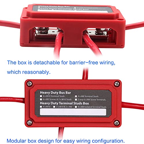 AMOMD 2PCS 300A Bus Bar Box Heavy Duty Module Design Nickel Plated Brass Buss Battery Power Distribution Block with 4xM8(5/16") Stainless Steel Terminal Studs Marine Ground DC12 24 48V(Red & Black)