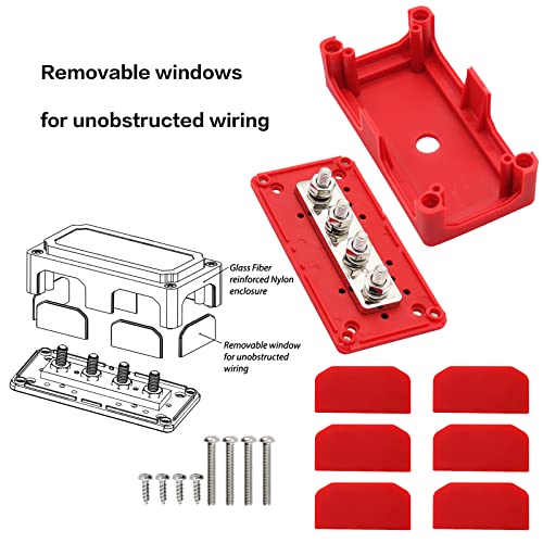 AMOMD 2PCS 300A Bus Bar Box Heavy Duty Module Design Nickel Plated Brass Buss Battery Power Distribution Block with 4xM8(5/16") Stainless Steel Terminal Studs Marine Ground DC12 24 48V(Red & Black)