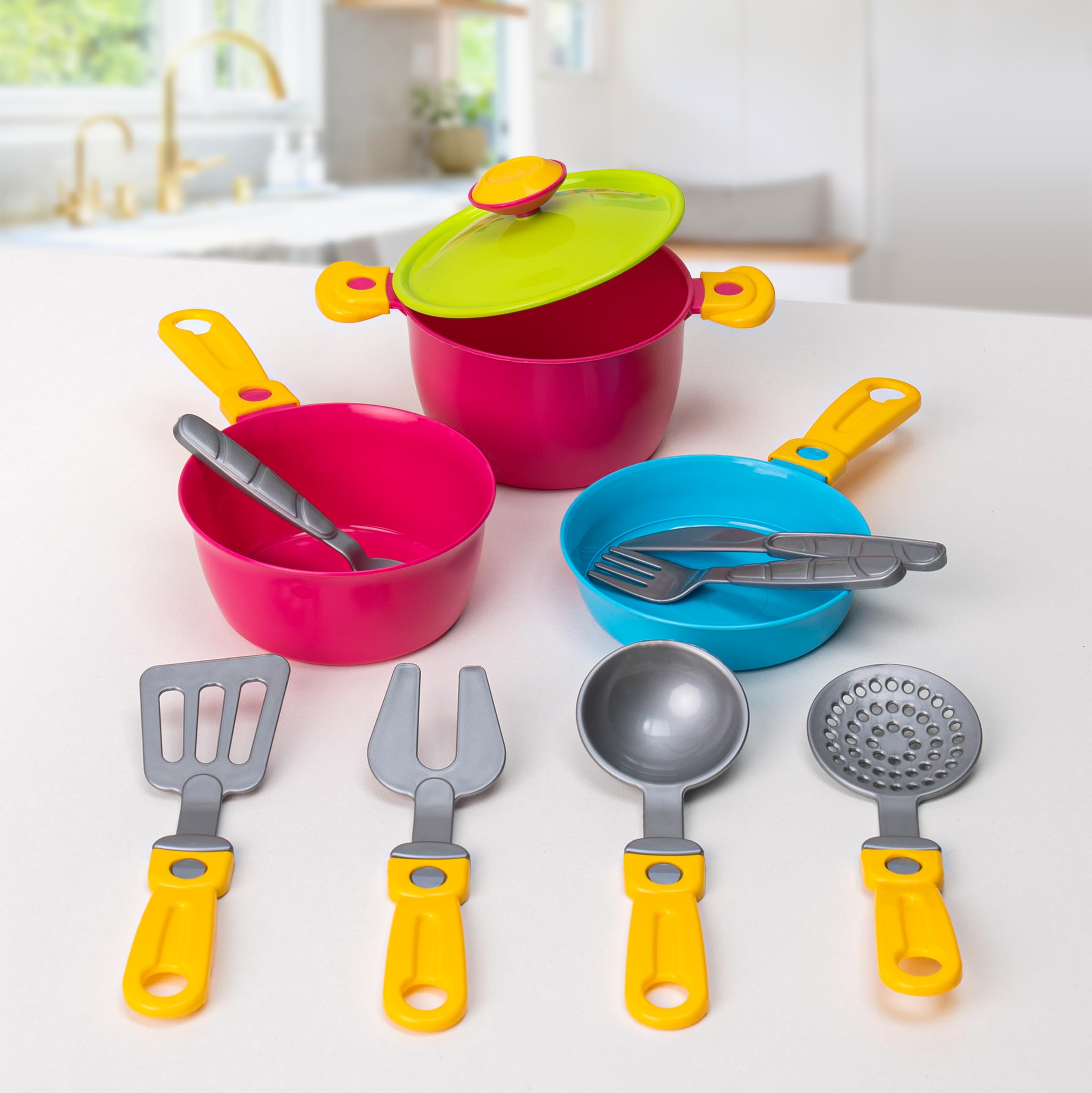 Play Dishes for Kids Kitchen | Pretend Play Kitchen Dishes Set with Drainer | Pretend Dishes Cookware Set | Fun and Colorful Toy Dishes Kit | Childrens Durable Tableware Playset (33 Pcs - Pink)