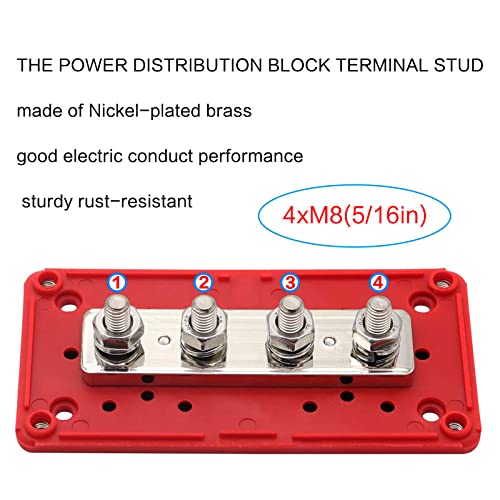 AMOMD 2PCS 300A Bus Bar Box Heavy Duty Module Design Nickel Plated Brass Buss Battery Power Distribution Block with 4xM8(5/16") Stainless Steel Terminal Studs Marine Ground DC12 24 48V(Red & Black)