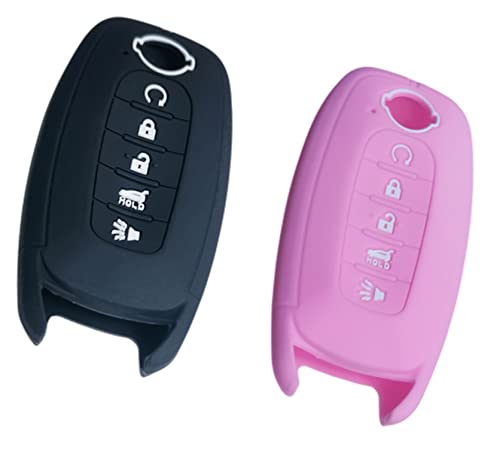 RUNZUIE 2Pcs Silicone Remote Smart Key Fob Compatible with 2024 2023 Nissan Rogue Pathfinder Key Fob Cover 5 Button (Black/Pink)