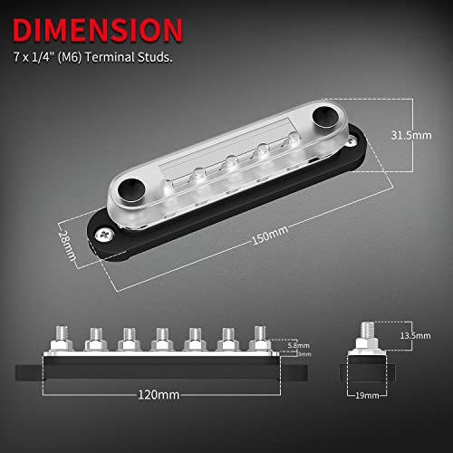 DaierTek Battery Bus Bar 12V Marine 7 x 1/4" (M6) Power Distribution Block with Cover 12V - 48V Positive & Negative Busbar Terminal Block for Automotive Car Boat