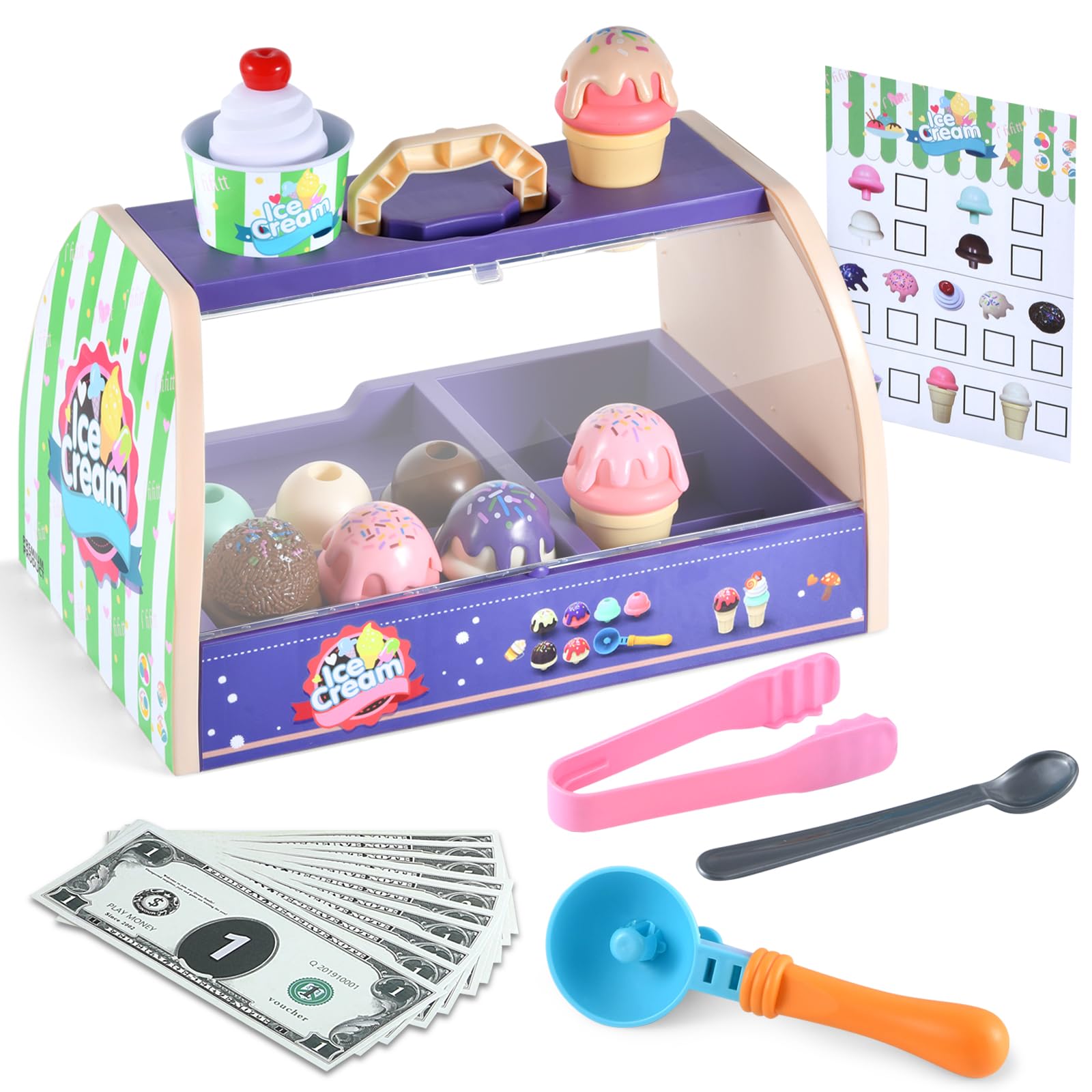 Ice Cream Toys for Kids, Toddler Pretend Play Kitchen Food Accessories, Ice Cream Counter Playset, Pretend Food Toys for 3 4 5 6 Year Old Girls & Boys, Christmas Birthday Toys Gift for Kids