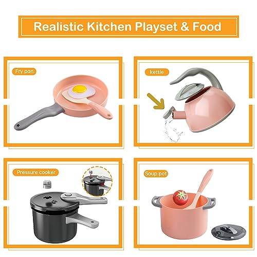 Zero Zoo 33Pcs Kids Kitchen Toy Accessories, Toddler Pretend Cooking Playset with Play Pots, Pans, Utensils, Cookware, Learning Gift for Girls Boys (Pink)