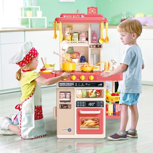 UNIH Kids Play Kitchen Playset, Toy Kitchen for Toddlers,Kitchen Set with Light and Sounds Pretend Play Kitchen Toys for Girls Boys 3 4 5 Year Old