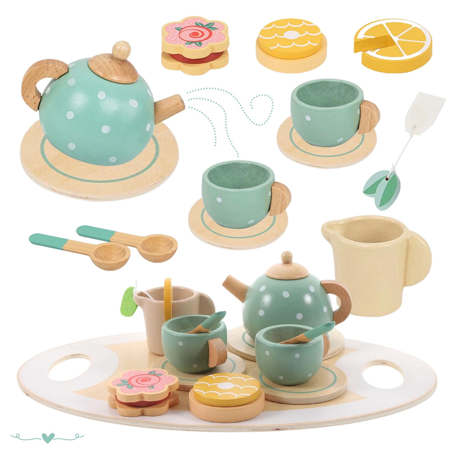 JEVASO KID'S Wooden Tea Party Set for Little Girls, Toddler Tea Set Food Pretend Play Accessories, Kids Kitchen Montessori Tea Set Wooden Toys for 2 3 4 5 6 Year Old Girl.