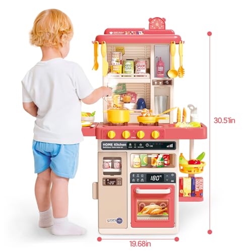 UNIH Kids Play Kitchen Playset, Toy Kitchen for Toddlers,Kitchen Set with Light and Sounds Pretend Play Kitchen Toys for Girls Boys 3 4 5 Year Old