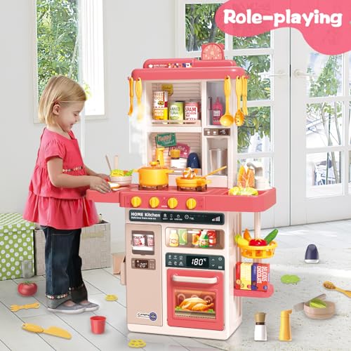 UNIH Kids Play Kitchen Playset, Toy Kitchen for Toddlers,Kitchen Set with Light and Sounds Pretend Play Kitchen Toys for Girls Boys 3 4 5 Year Old