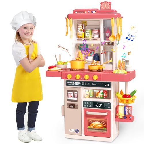 UNIH Kids Play Kitchen Playset, Toy Kitchen for Toddlers,Kitchen Set with Light and Sounds Pretend Play Kitchen Toys for Girls Boys 3 4 5 Year Old