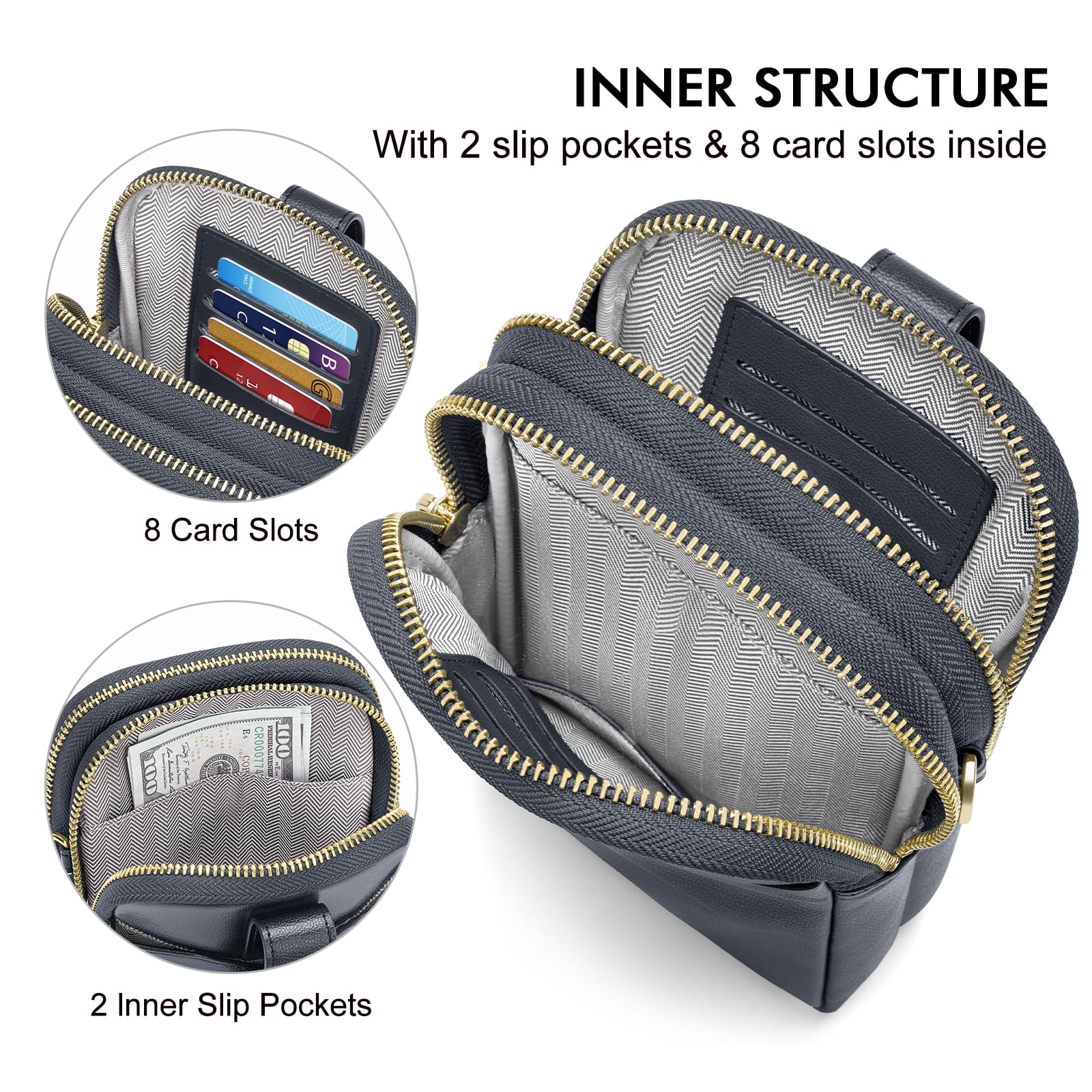 Peacocktion Crossbody Cell Phone Bag for Women, Small Leather Shoulder Handbag Purse with Credit Card Slots, Dark Grey