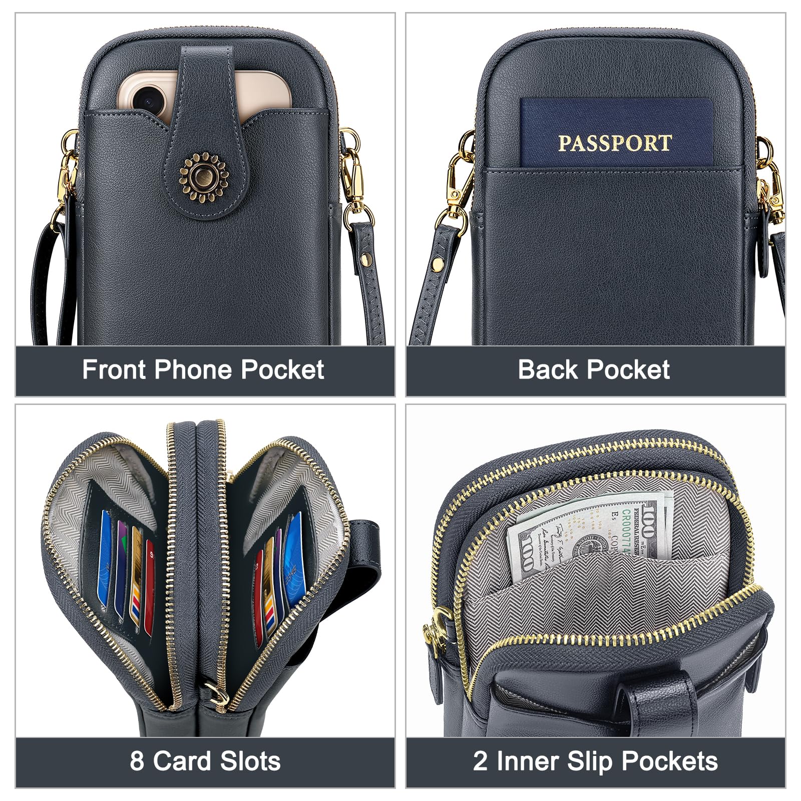 Peacocktion Crossbody Cell Phone Bag for Women, Small Leather Shoulder Handbag Purse with Credit Card Slots, Dark Grey