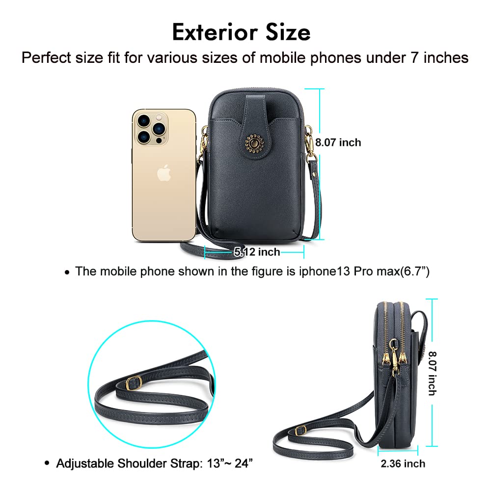 Peacocktion Crossbody Cell Phone Bag for Women, Small Leather Shoulder Handbag Purse with Credit Card Slots, Dark Grey
