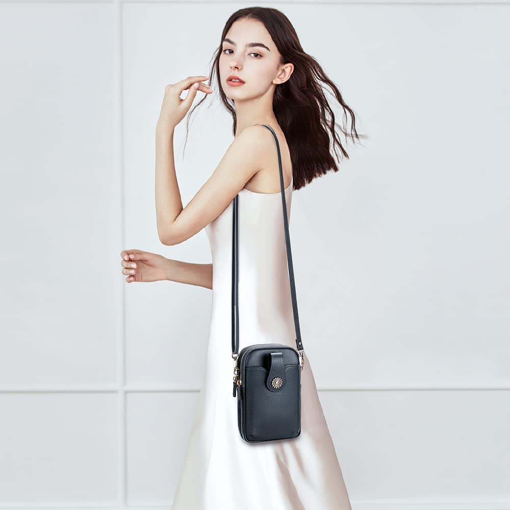 Peacocktion Crossbody Cell Phone Bag for Women, Small Leather Shoulder Handbag Purse with Credit Card Slots, Dark Grey