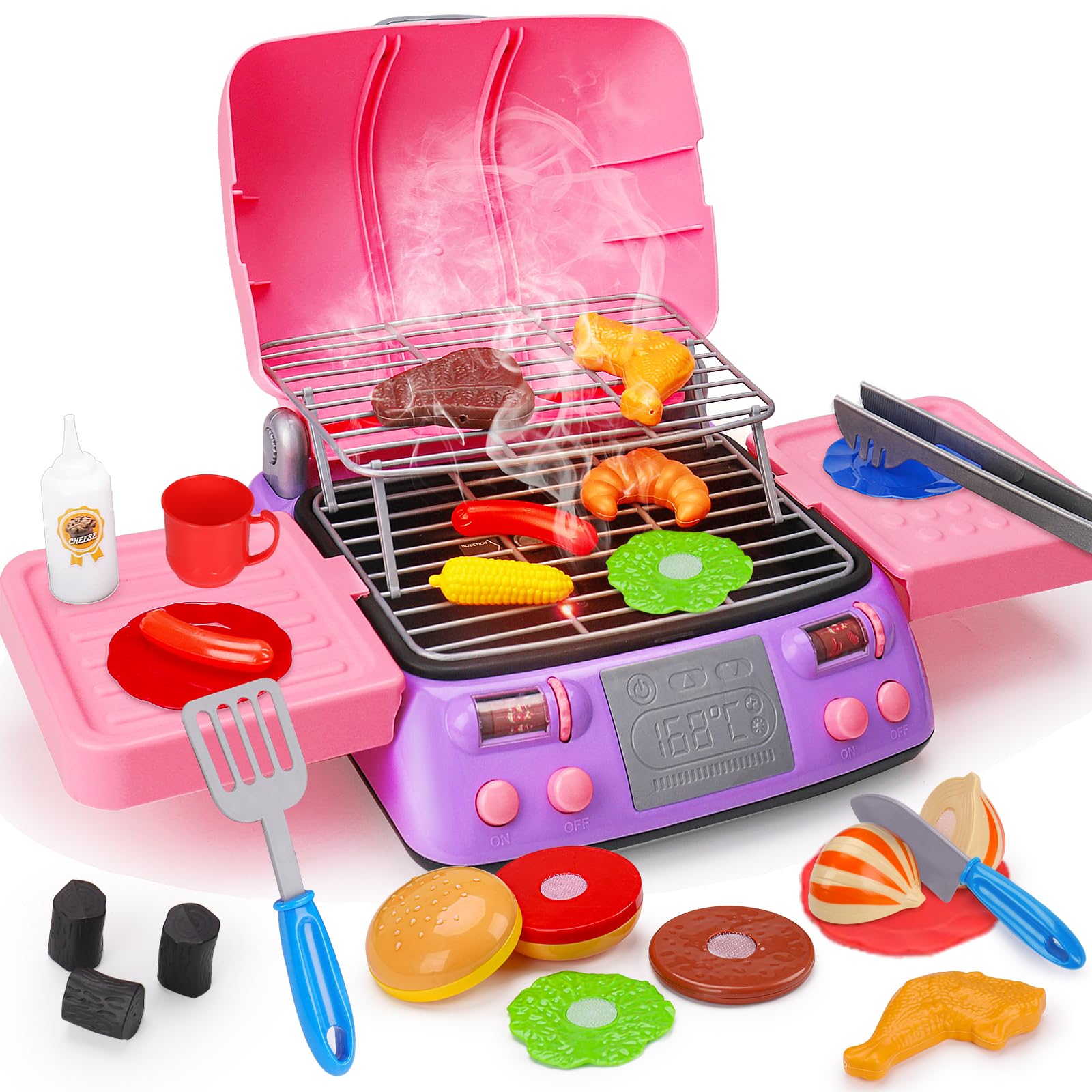 Kids BBQ Grill Playset Kitchen Toy Set with Pretend Smoke Sound Light Toddler Girls Pink Play Food Ages 2-4 3-5 4-8 Indoor Outdoor Cooking Barbecue Toys for 2 3 4 Year Old Girl Birthday Valentine Gift