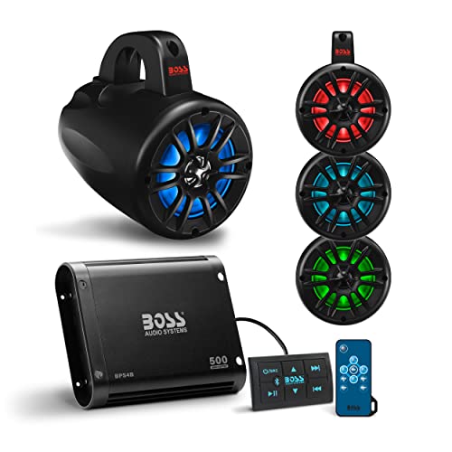 Boss Audio Systems UNI4RGB ATV UTV Marine Audio Stereo System Package ā BPS4B 4 Channel Full Range Bluetooth Amplifier, 4 MRWT40 4 Inch Waketower Speakers, IPX5 Rated Weatherproof, Tweeters