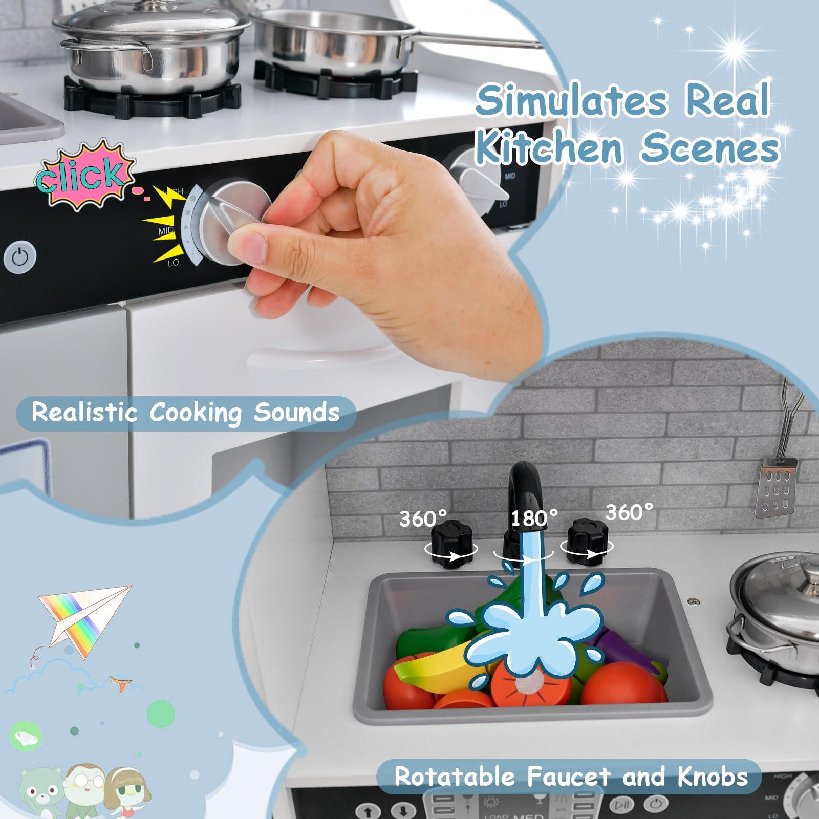 MAT EXPERT Kids Kitchen Playset, Wooden Chef Pretend Toy Kitchen w/Chalkboard, Ice Maker, Cookware Accessories, Telephone, Oven, Microwave, Play Kitchen for Toddlers, Gift for Boys Girls 3+ (White)