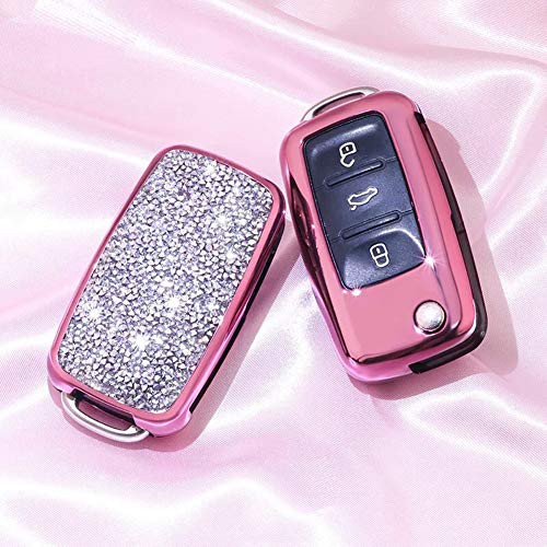 Royalfox(TM) 2/3 Buttons 3D Bling flip Folding Remote Key Fob case Cover for VW Volkswagen Mk6 Bora Jetta GTI Passat Golf Tiguan Touareg Beetle (Pink)