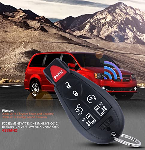 OEM Keyless Entry Remote Key Fob Replacement fit 2008-2019 Dodge Grand Caravan, 2008-2016 Chrysler Town and Country (M3N5WY783X IYZ-C01C 433MHZ 7Btn) Set of 2