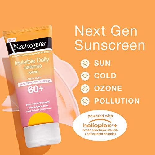 Neutrogena Invisible Daily Sunscreen Lotion, Broad Spectrum SPF 60+, Oxybenzone-Free & Water-Resistant, Sun or Environmental Aggressor Protection, Antioxidant, 3 Fl Oz (Pack of 1)