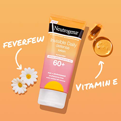 Neutrogena Invisible Daily Sunscreen Lotion, Broad Spectrum SPF 60+, Oxybenzone-Free & Water-Resistant, Sun or Environmental Aggressor Protection, Antioxidant, 3 Fl Oz (Pack of 1)