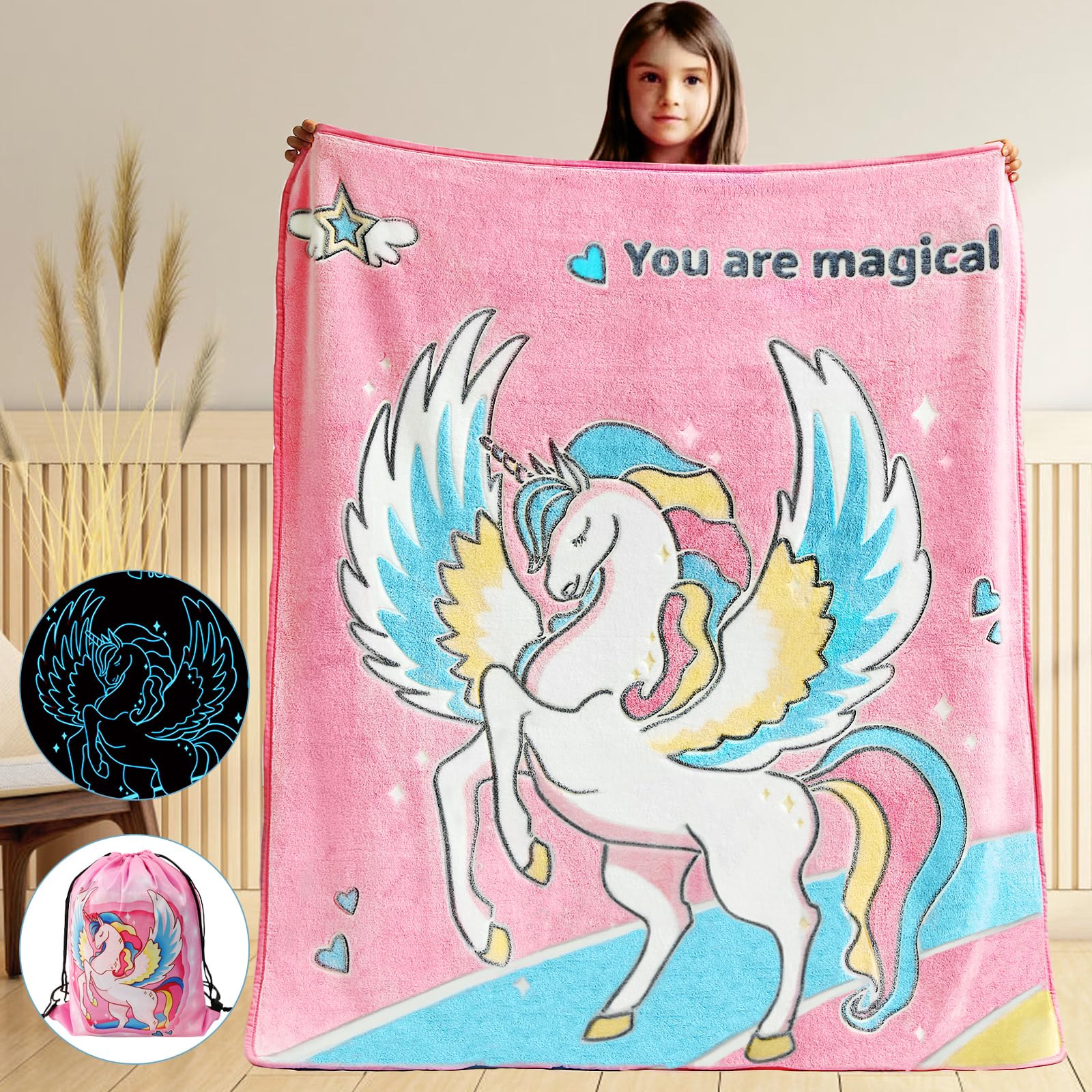 Glow in The Dark Blanket Unicorn Gifts for Girls Kids Blankets Super Soft 3 4 5 6 7 8 9 10 Year Old Girl Gift Ideas Girls Toys Age 6-8 Unicorns Toys Birthday Christmas Valentine's Day Gifts 50"x 60"