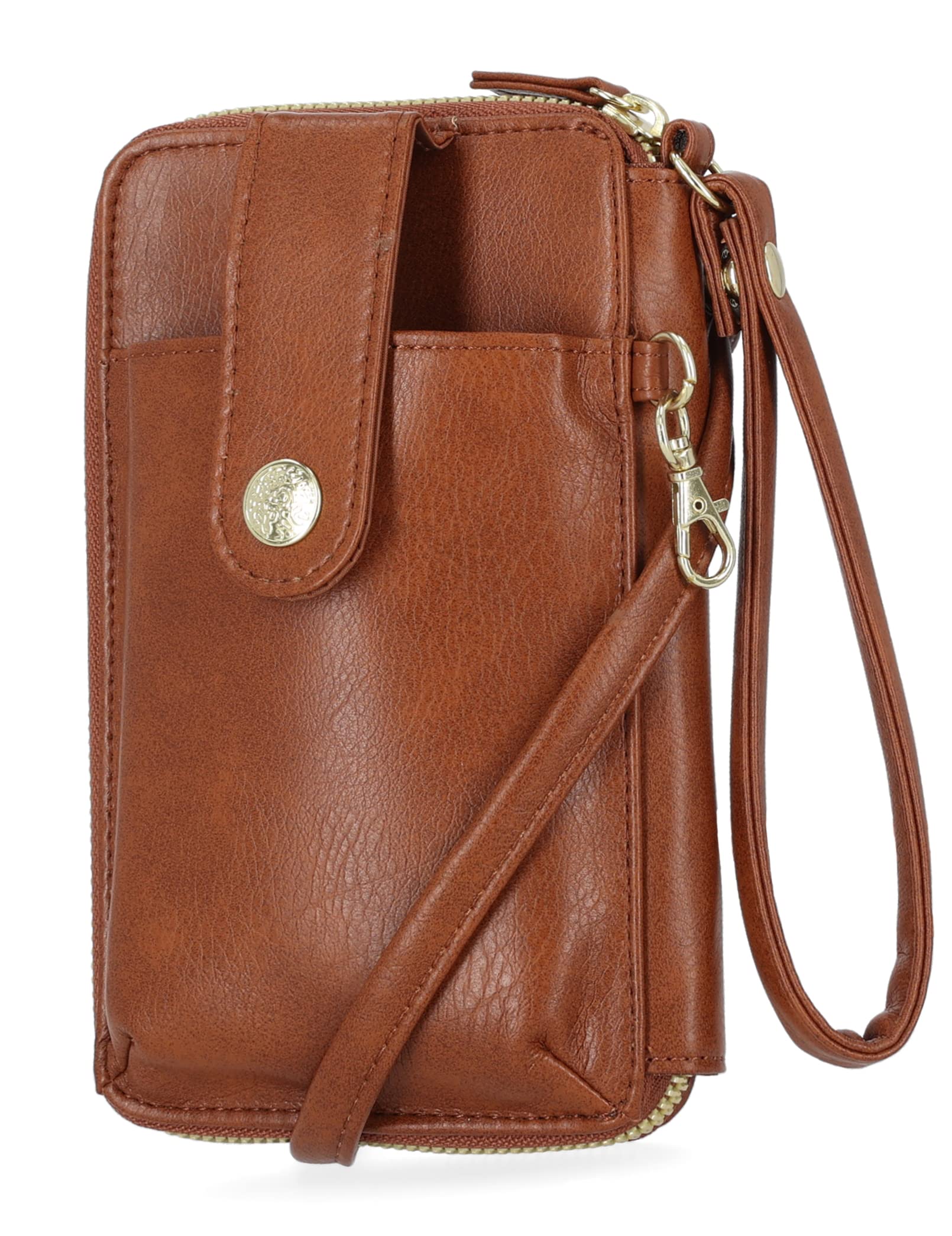 Mundi Jacqui RFID Blocking Crossbody Wallet Bag for Women, Compact Travel Size Cell Phone Holder Purse Vegan Leather, Brown Sugar