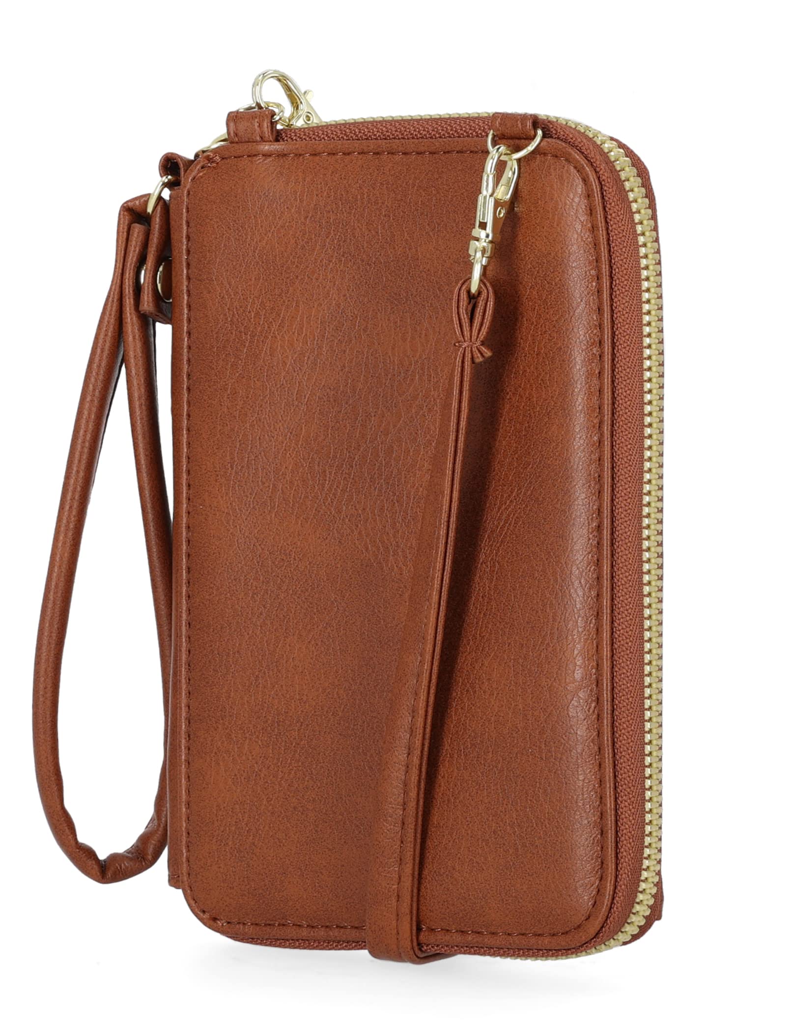 Mundi Jacqui RFID Blocking Crossbody Wallet Bag for Women, Compact Travel Size Cell Phone Holder Purse Vegan Leather, Brown Sugar