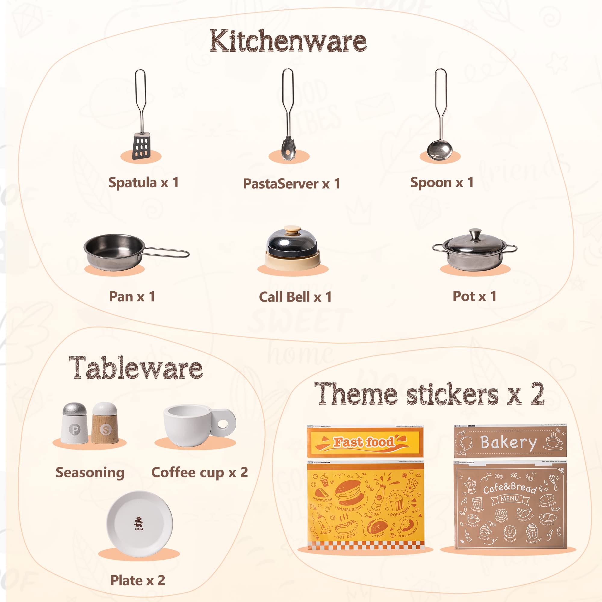 ROBOTIME Play Kitchen, Kids Kitchen Playset, Toy Kitchen Toddler Kitchen Set for Toddlers 1-3 w/Double-Side Pretend Play Stand with Theme Stickers/Dish-Bell for Ages 3+ Boys/Girls