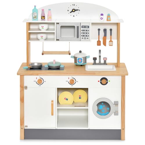 Costzon Kids Kitchen Playset, Wooden Pretend Cooking Toy with Sink & Faucet, Microwave, Dish Rack, Washing Machine, Play Kitchen with 15 PCS Toy Accessories for Toddlers, Gift for Boys Girls 3+