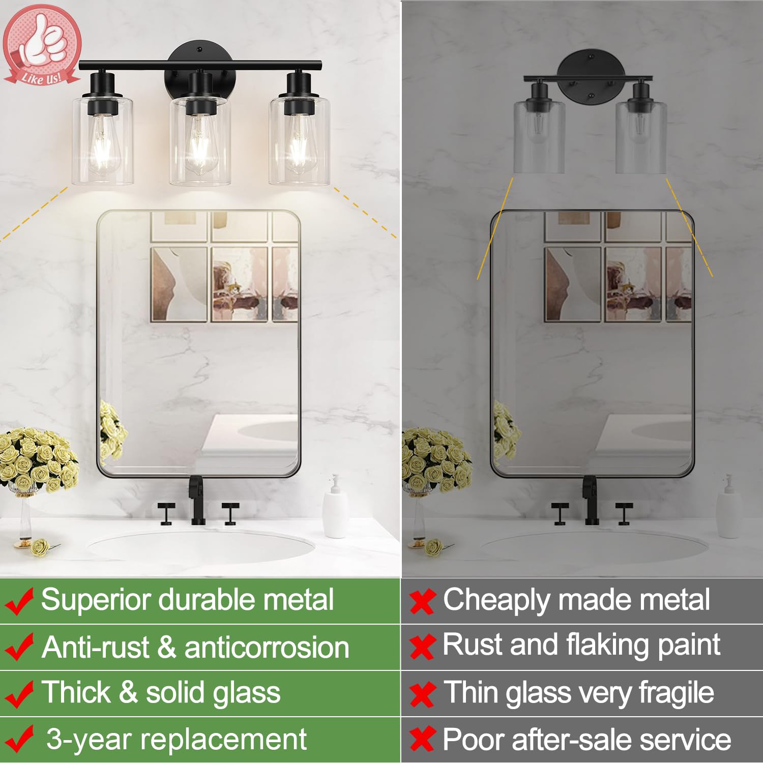 3-Light Bathroom Light Fixtures, Black Bathroom Wall Lights, Modern Bathroom Vanity Light with Clear Glass Shade, Bathroom Wall Lamp for Mirror Kitchen Bedroom Living Room Hallway Cabinet Porch