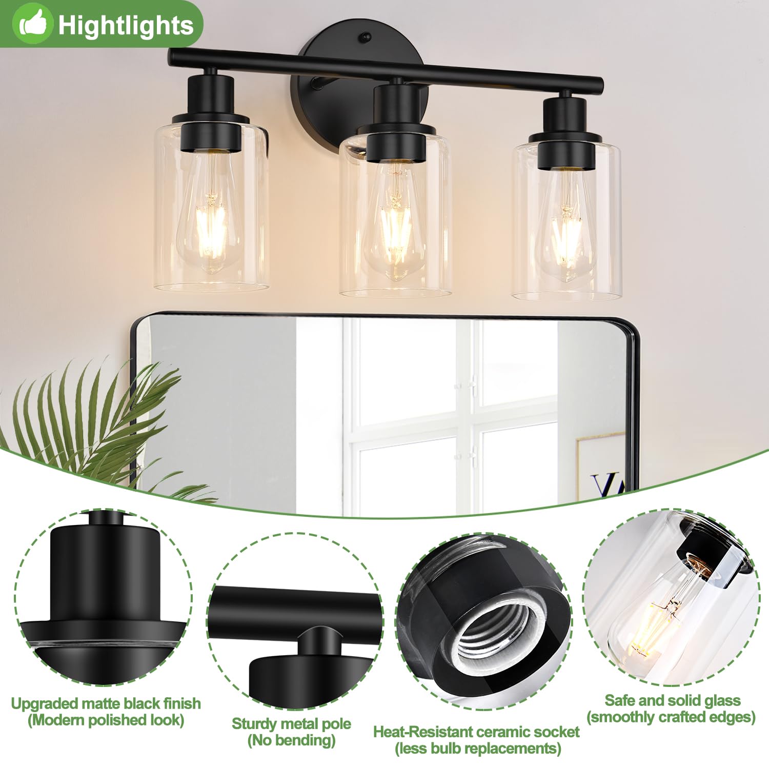 3-Light Bathroom Light Fixtures, Black Bathroom Wall Lights, Modern Bathroom Vanity Light with Clear Glass Shade, Bathroom Wall Lamp for Mirror Kitchen Bedroom Living Room Hallway Cabinet Porch