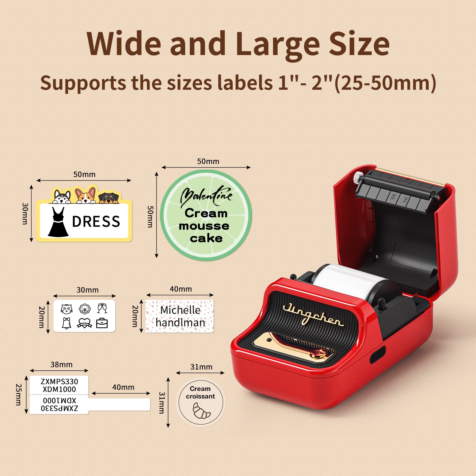 PTJOO B21 Label Maker Machine with Tape 1" x 2"(25 x 50mm) Wide Cute Fonts Emoji Different Calligraphy Customizable Bluetooth USB Rechargeable for Android iOS Fast and Easy(Red)