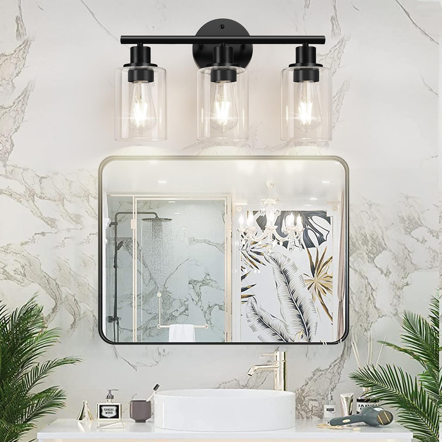 3-Light Bathroom Light Fixtures, Black Bathroom Wall Lights, Modern Bathroom Vanity Light with Clear Glass Shade, Bathroom Wall Lamp for Mirror Kitchen Bedroom Living Room Hallway Cabinet Porch