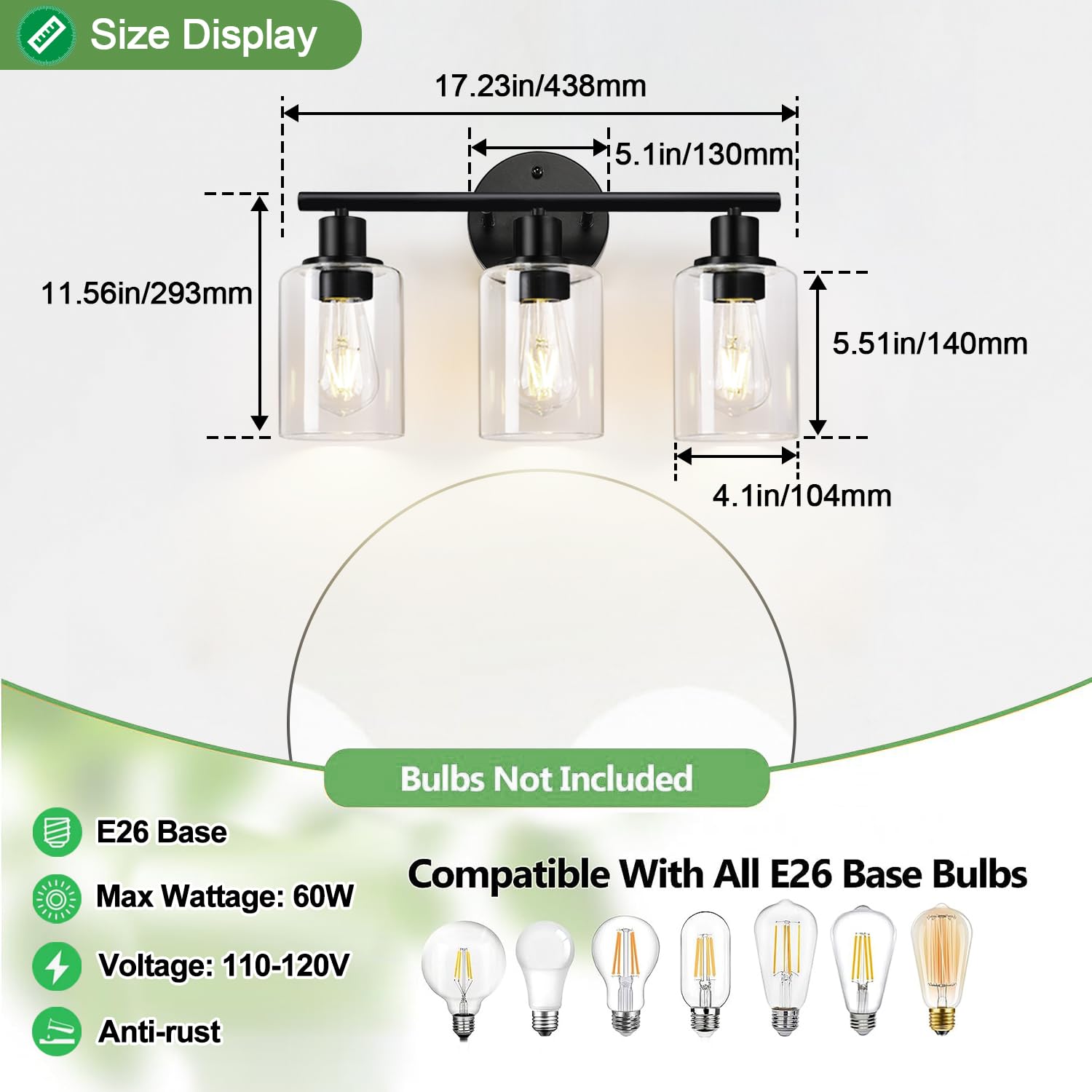3-Light Bathroom Light Fixtures, Black Bathroom Wall Lights, Modern Bathroom Vanity Light with Clear Glass Shade, Bathroom Wall Lamp for Mirror Kitchen Bedroom Living Room Hallway Cabinet Porch